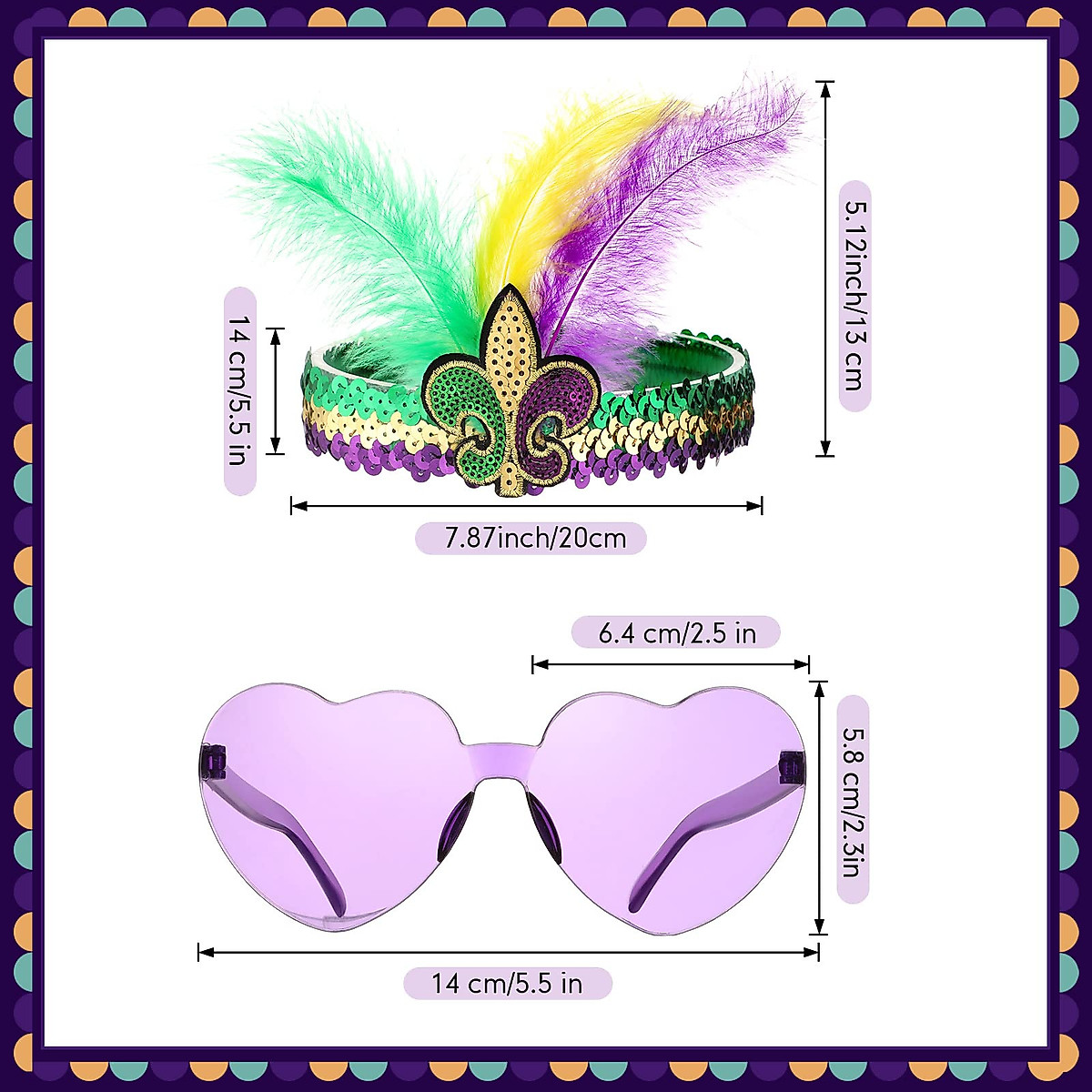 6 Pcs Mardi Gras Feather Headband Heart Shape Sunglasses Set Purple Yellow Green Glitter Feather Sequin Fascinators Rimless Heart Sunglasses Mardi Gras Glasses for Masquerade Party Carnival Cocktail