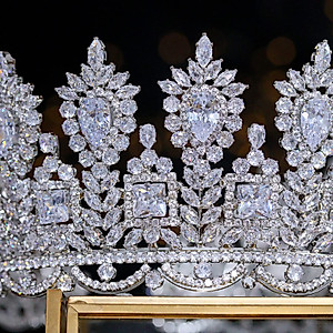 Aoligrace Luxury Cubic Zirconia Wedding Round Tiaras CZ Queen Princess Large Crowns Pageant Hair Jewelry Gifts for Women Wife