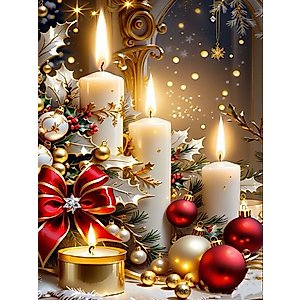Christmas Diamond Painting Kits for Adults, Christmas Candles Diamond Art for Beginners, 5D Round Full Drill Winter Diamond Painting Gem Art Kits for Home Wall Decor 12x16inch