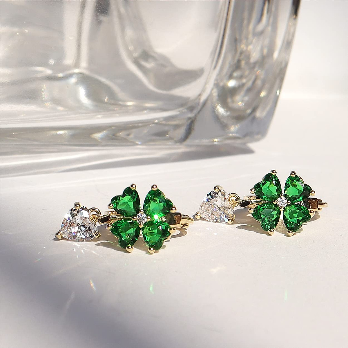 Sonateomber Sparkly Green Clover Leaf Small Gold Huggie Earrings for Women - Cute Heart Cubic Zirconia, Drop Dangle Circle Hoop Girl Cartilage Jewelry Gift