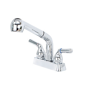 JS Jackson Supplies Dual Handle Pull Out Faucet, Chrome Finish, 4 Inch Center Set, Universal Utility Sink or Laundry Tub ABS Plastic Faucet with Spray Setting