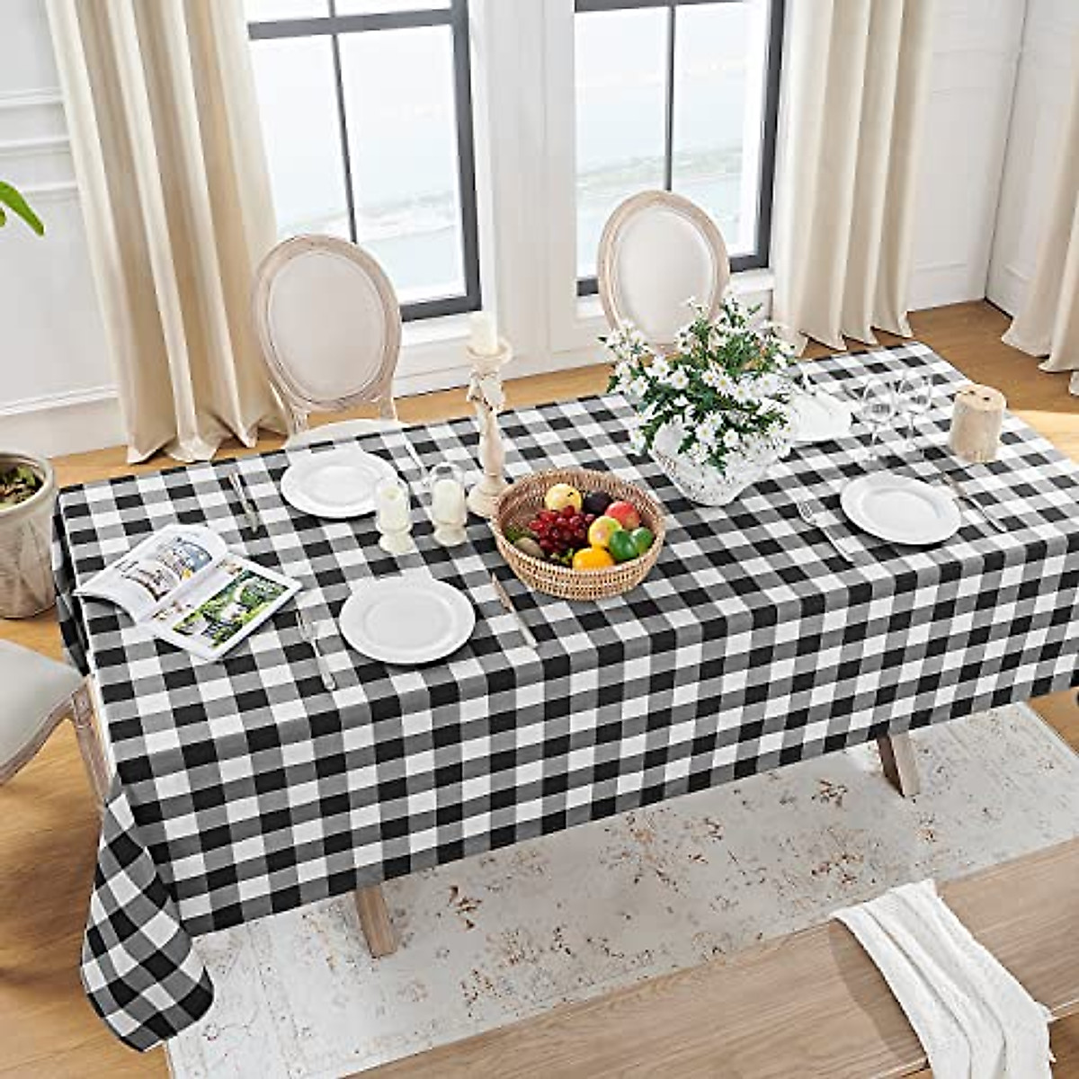 Softalker Gingham Checkered Rectangle Tablecloth - Waterproof Buffalo Plaid Table Cloth Stain Resistant Washable Polyester Table Cover for Holiday/Dining/Party - Black and White, 60 x 84 Inch