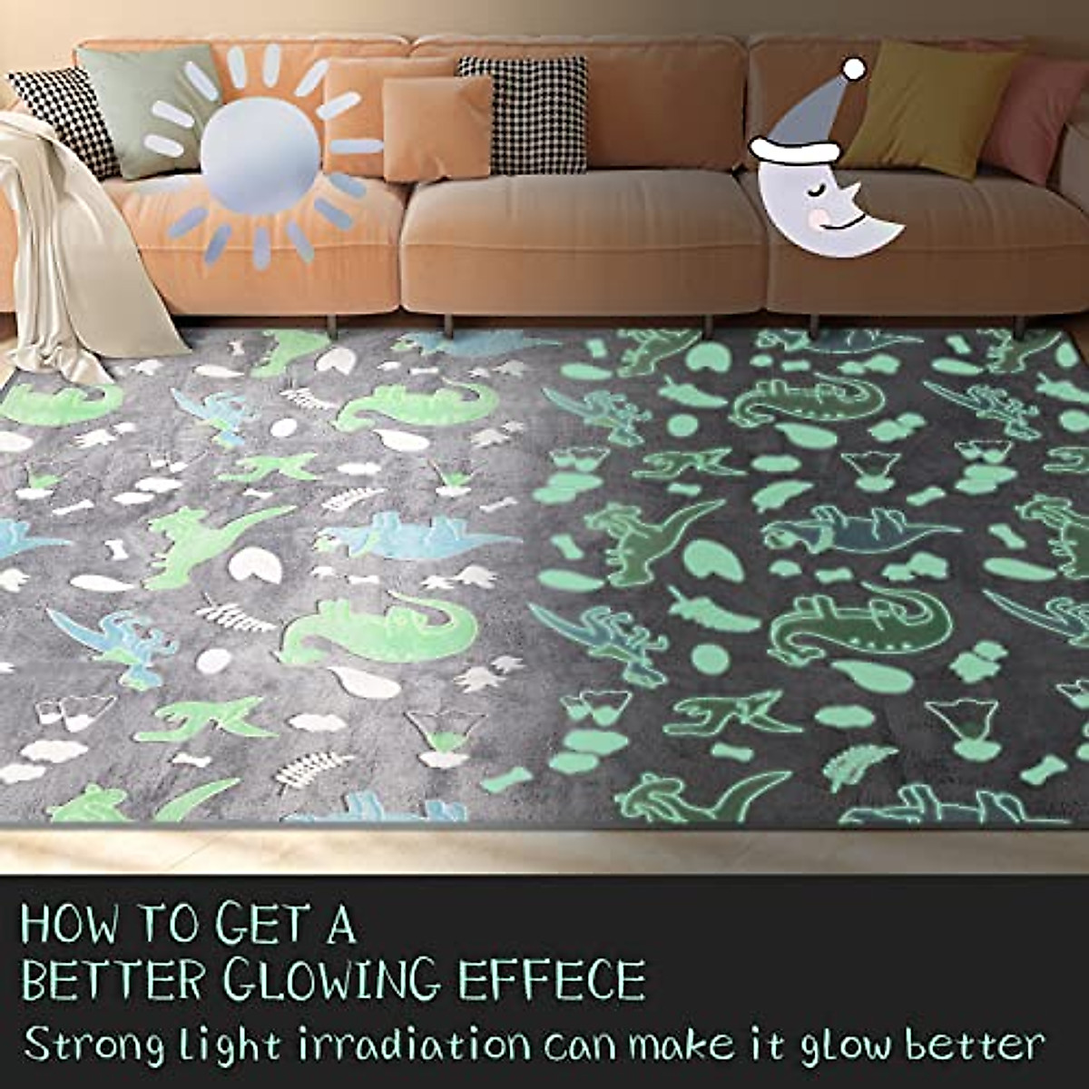 QH Cute Dinosaur & Leaf Pattern Glow in The Dark Area Rug Area Rug for Living Room Bedroom Playing Room Size 5'x6'