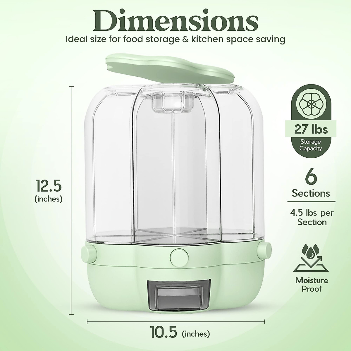 Rice Dispenser 25 Pounds, Kitchen Storage with Chalk Labels and Measuring Cup, Grain Dispenser, 6 Compartment Rice Storage Container, Rotating Food Dispenser for Sunflower Seeds, Popcorn Kernels