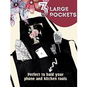 Initial Black Apron for Women with Pockets, Kitchen Cooking Gardening Cute Apron Gifts for Her, Chef, Mom, Artists, Hair Stylists, Funny Gifts for Women, Friends, Sisters, Grandma - C