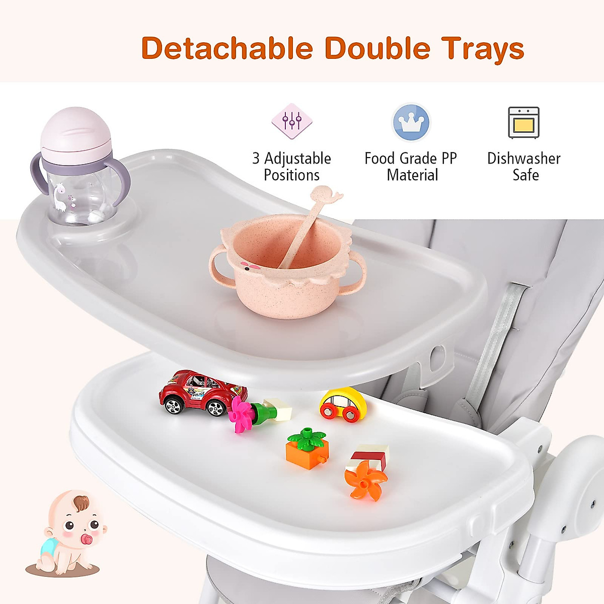 HONEY JOY Baby High Chair, Foldable Highchair for Babies and Toddlers, Detachable Trays & PU Leather Seat Cushion, 4 Wheels with Locks (Gray)