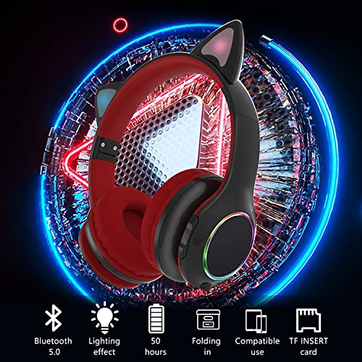 ShuQiaoSi Bluetooth Headphone Cat Ear for School with LED Light, Foldable Kids Headphones, Wired Headset with 3.5mm Microphone Volume, for iPhone/iPad//Laptop/PC/TV for Children(Black)