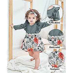 OLLUISNEO Newborn Baby Girl Dress Infant Romper Outfits Ruffle Long Sleeve Dresses Baby Green Dress Fall Baby Girl Clothes 0-3 Months