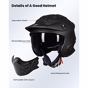 ILM Open Face Motorcycle 3/4 Half Helmet for Dirt Bike Moped ATV UTV Motocross Cruiser Scooter DOT Model 726X (Matte Black,L)