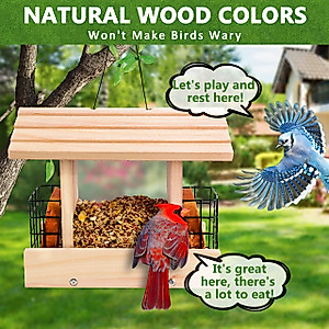 Bird Feeders for Outdoors Hanging - Wooden Bird Feeder Hopper, Cardinal Bird House Feeder, Large Bird Feeder with Suet Holder for Outside, Wild, Outdoors Hanging Pole