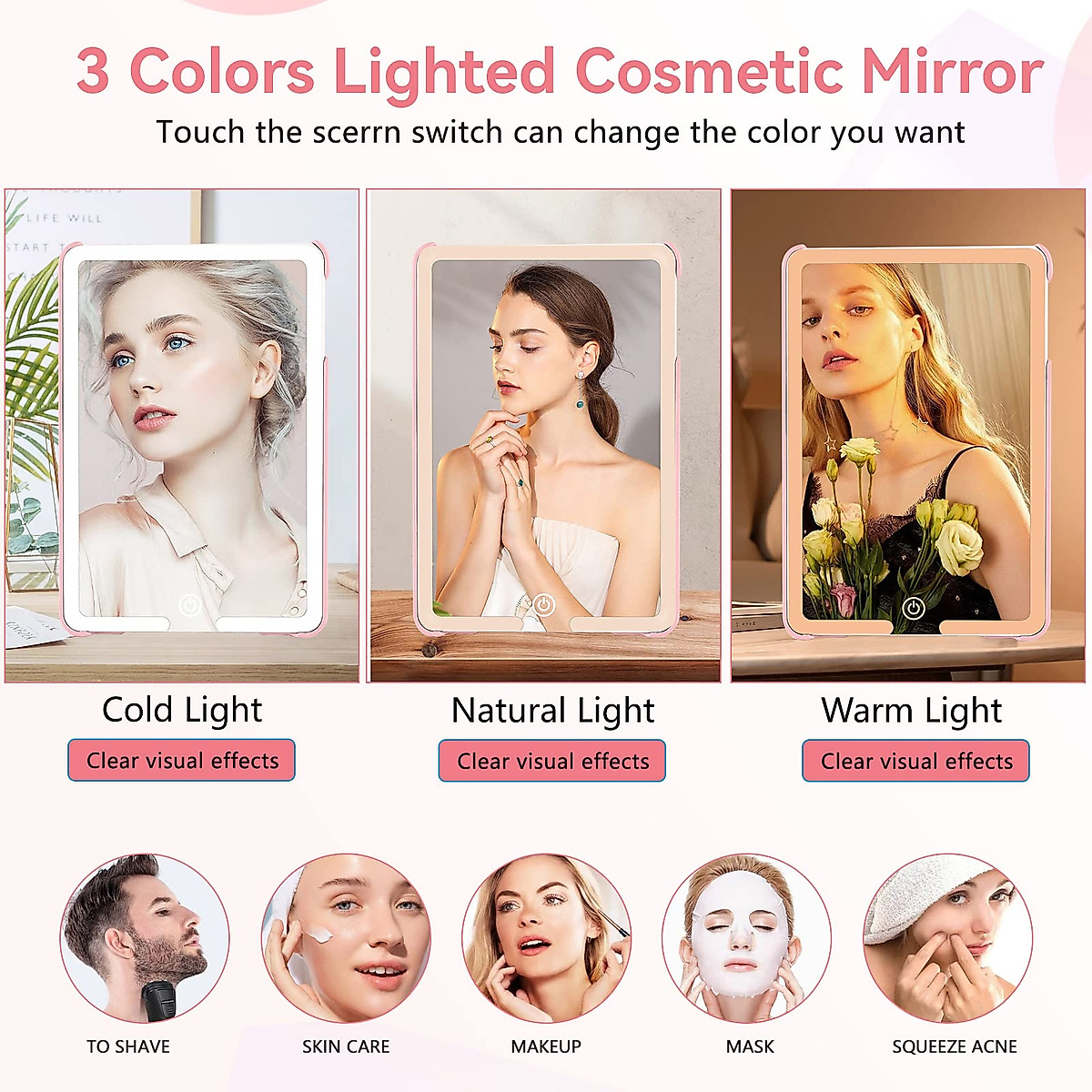 Travel Makeup Vanity Mirror with 72 LEDs ||Drop Protection|| 360° Rotation Lighted Folding Cosmetic Beauty Mirror, Touch Control 3 Colors Light Modes, USB Rechargable, Ultra Thin Tabletop Mirror