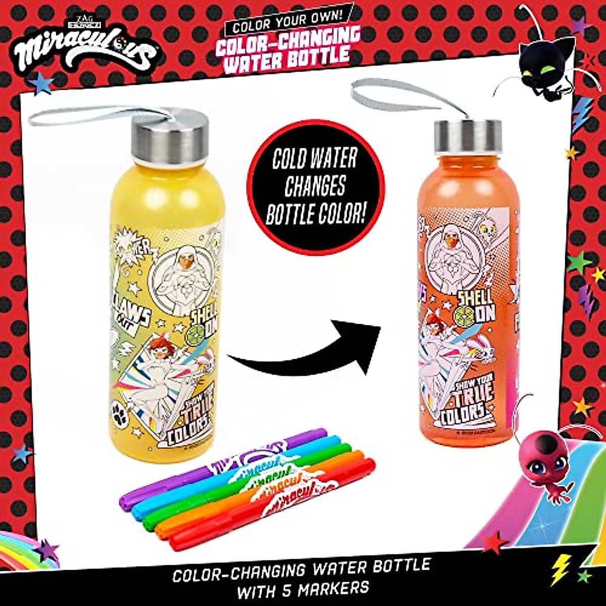 Miraculous Create Your Own Color-Changing Water Bottle, Color Your Own Water Bottle, Great For Travel & Road Trips, Sports & School, Creative Gift Idea, Arts & Crafts Activity Kids Ages 6, 7, 8, 9, 10