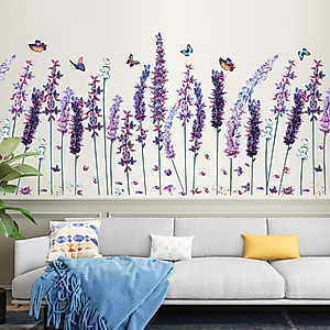 RW-1028 3D Flowers Wall Decals Purple Lavender Wall Stickers Flower Plant Butterfly Decoration DIY Removable Garden Lavender Floral Wall Art Decor for Kids Girls Bedroom Living Room Nursery Office