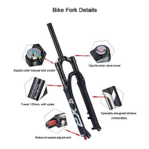 KRSEC Air Suspension Fork 27.5 inch Mountain Bike Travel 120mm Quick Release QR 9mm 28.6mm Straight Tube Manual Lockout Rebound Adjustable Ultralight Mountain Bike Front Forks XC AM 27.5"