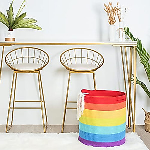 MINTWOOD Design Extra Large 20 x 18 Inches Decorative Woven Cotton Rope Basket, Tall Laundry Basket Hamper, Blanket Basket for Living Room, Round Storage Baskets for Pillows, Towels, Rainbow