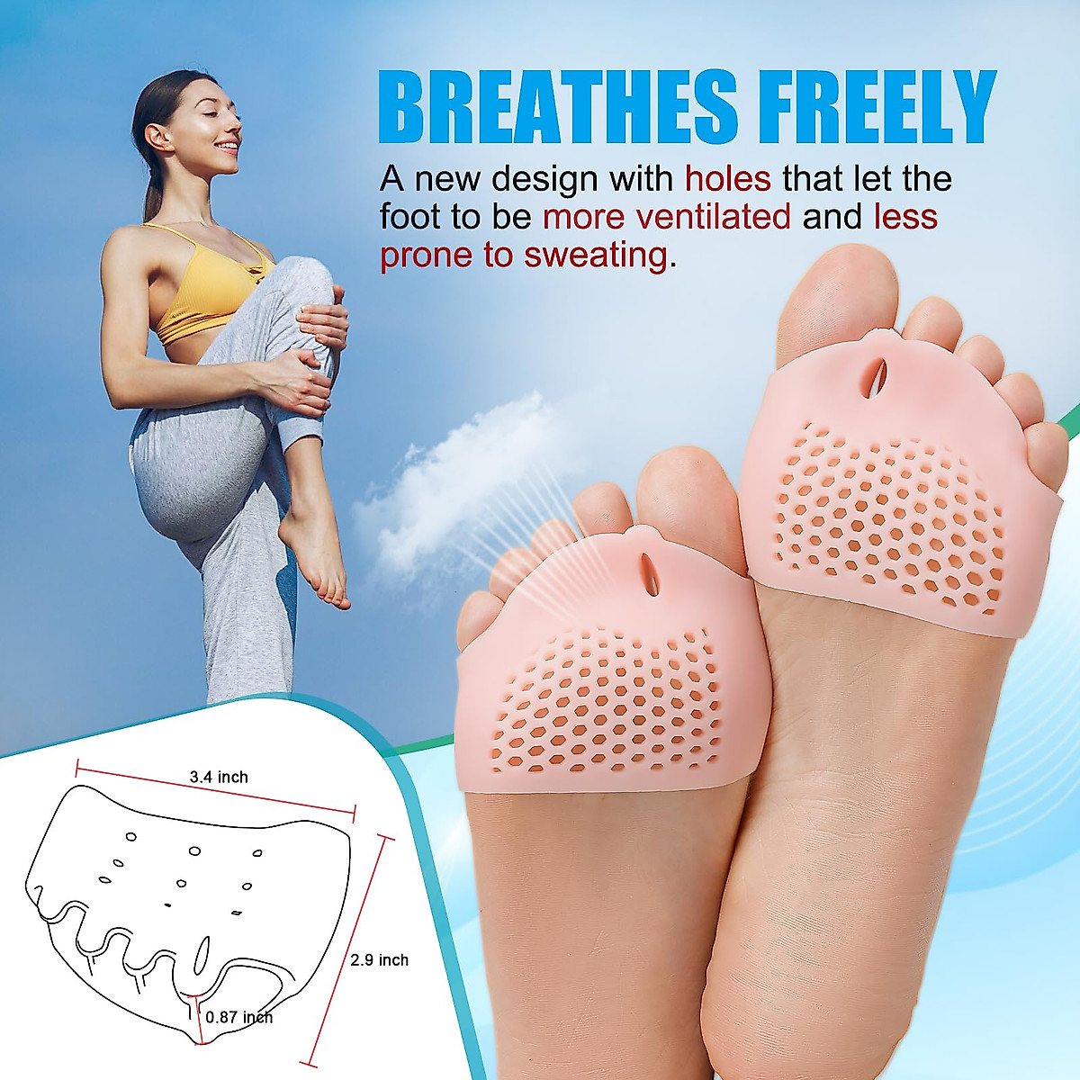 Metatarsal Pads,Gel Toe Separator, Metatarsal Cushion New Material, (4 PCS Nude), Breathable & Soft Gel, Toe Spacers, Forefoot Pads, Great for Blisters, Diabetic Feet.