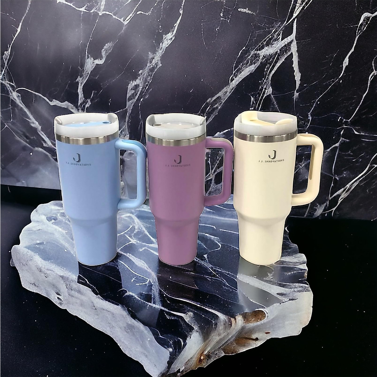 J.J. INNOVATIONS 40oz Stainless Steel Vacuum Insulated Tumbler with Lid, Sorbet, Handle, Sorbet Cap & Protection Set, Long Hours Cold or Hot Temperature, No Sweating, Portable Tumbler. (CREAM)