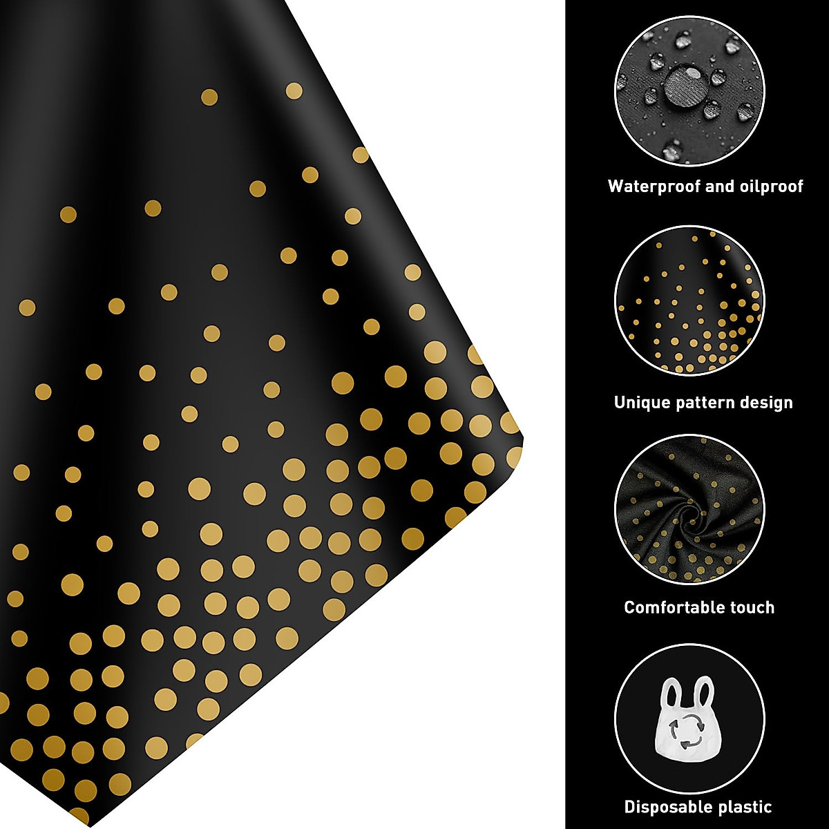 byojia 4 Pack 2in1 Disposable Plastic Tablecloths 54" x 108" Black and Gold Dot Kitchen Table Cloth Rectangle Table Cover for Wedding Birthday Baby Shower Anniversary Christmas Graduation