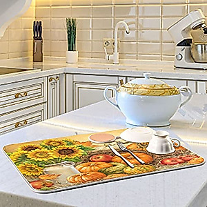 Fall Sunflowers Pumpkin Bird Dish Drying Mat, Drying Mat For Kitchen Counter, Absorbent Polyester Material, Heat-resistant Drying Mat 16 In x 18 In