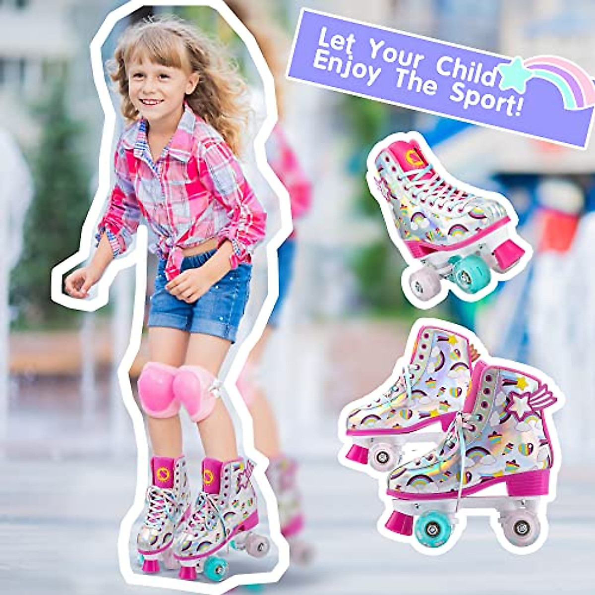 SULIFEEL Rainbow Unicorn Roller Skates for Girls Light up Wheels Womens Quad Skates with High Top Reflective TPU Leather Rainbow