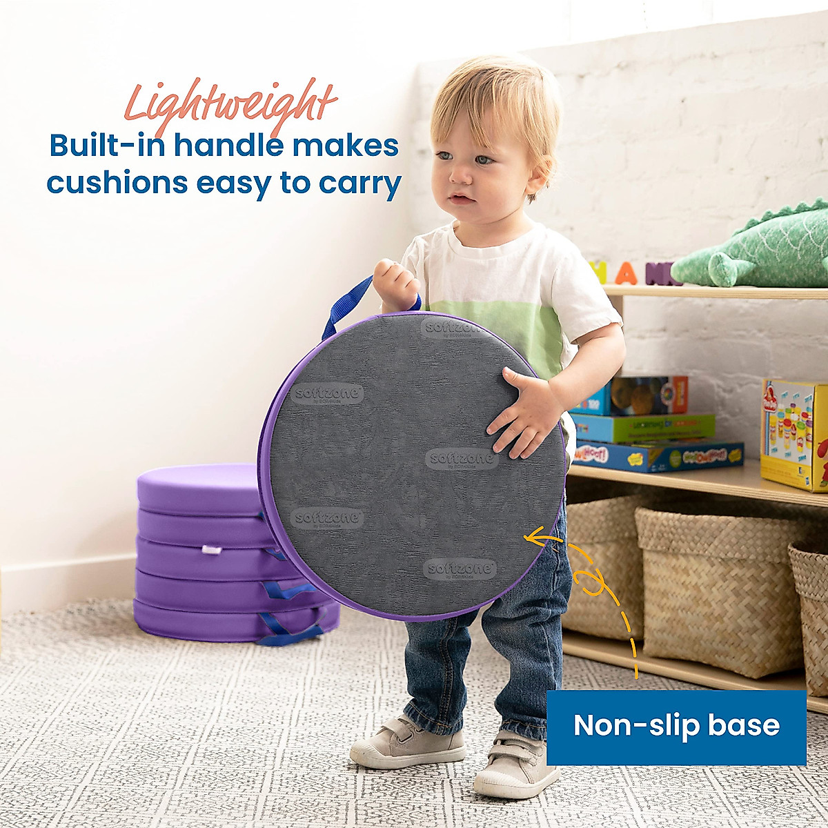 ECR4Kids SoftZone Floor Cushions with Handles, 2" Deluxe Foam, Round, Purple, (6-Pack)