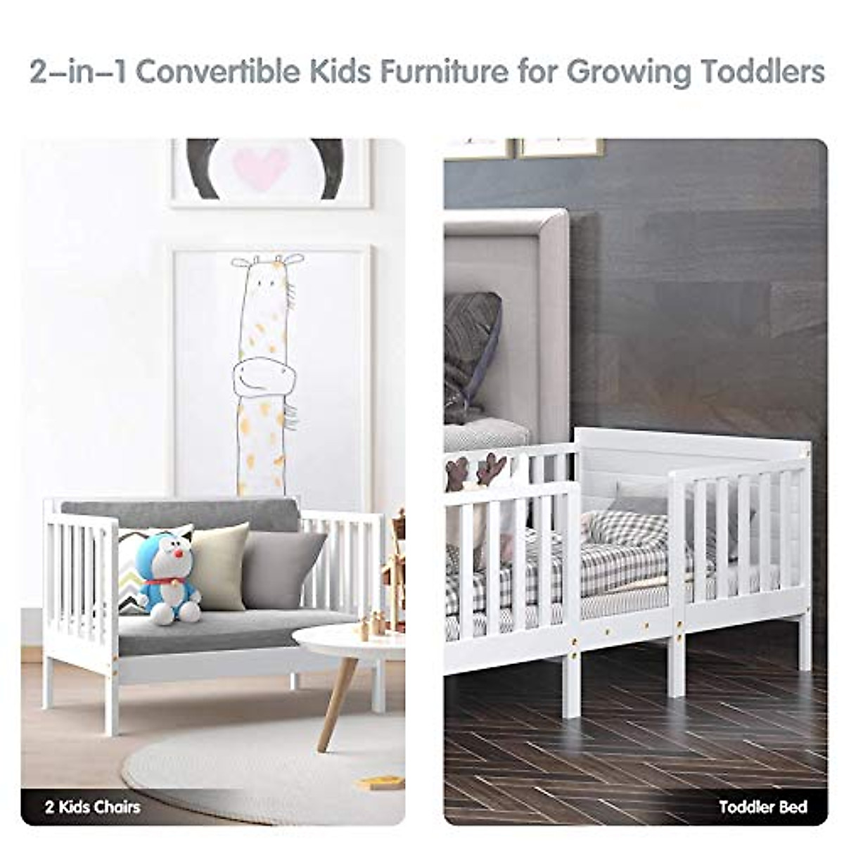 Costzon 2 in 1 Convertible Toddler Bed Frame, Converts to Two Chairs, Classic Wood Kids Bed w/Double Side Safety Guardrails, Footboard for Extra Safety, Fits Full Size Crib Mattress (White)