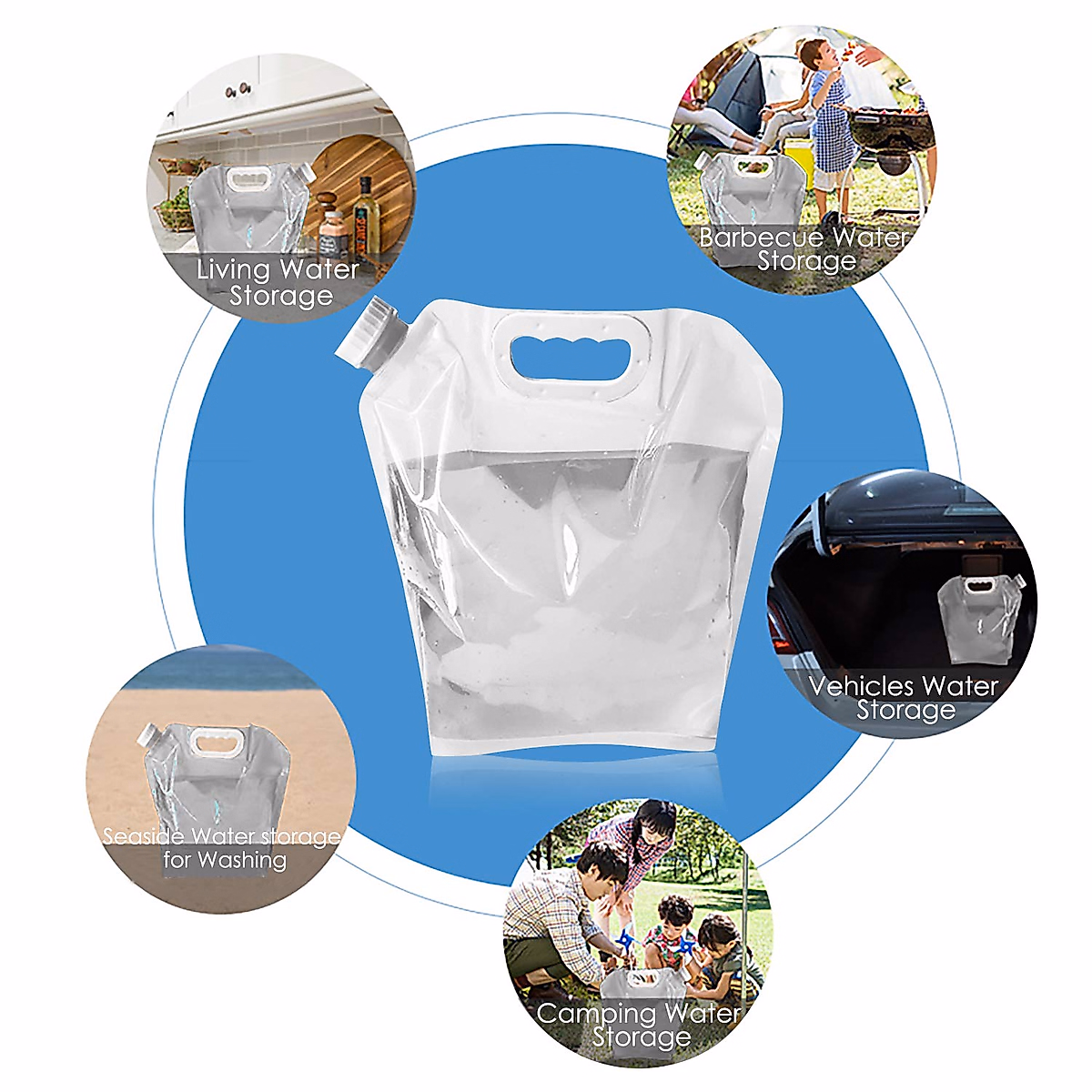 Ellsang Collapsible Water Container Bag, 1.3Gal BPA Free Water Storage Bladder, Outdoor Folding Freezable Water Storage Bag for Hiking Picnic BBQ Hurricane Emergency(Transparent)