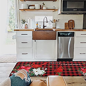 Kitchen Rug and Mat Set Merry Christmas Cardinal Poinsettia,Non-Slip Doormats Comfort Durable Floor Runner,Farm Berries Red Black Buffalo Check Washable Standing Carpet for Bedroom Living Room Decor