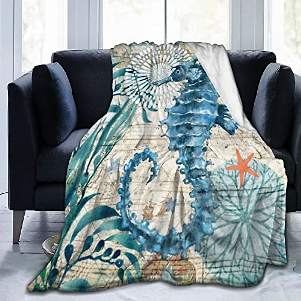Sea Horse Throw Blanket Super Soft Lightweight Warm Cozy Fuzzy Flannel Blankets for Bed Sofa Office 60x50 inch