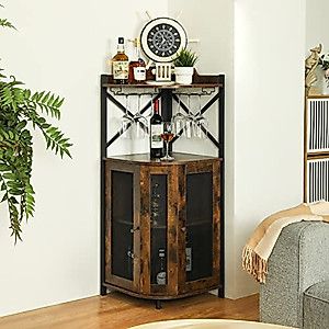 JKsmart Corner Bar Cabinet with Glass Holder,Industrial Wine Cabinet with Mesh Door,Wine Bar Cabinet with Adjustable Shelf,Home Bar for Liquor and Wine Storage,Rustic Brown