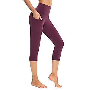 Sugar Pocket Women's High Waist Yoga Pants with Pockets?Workout Running Yoga Leggings for Women M, Dark Red Capri