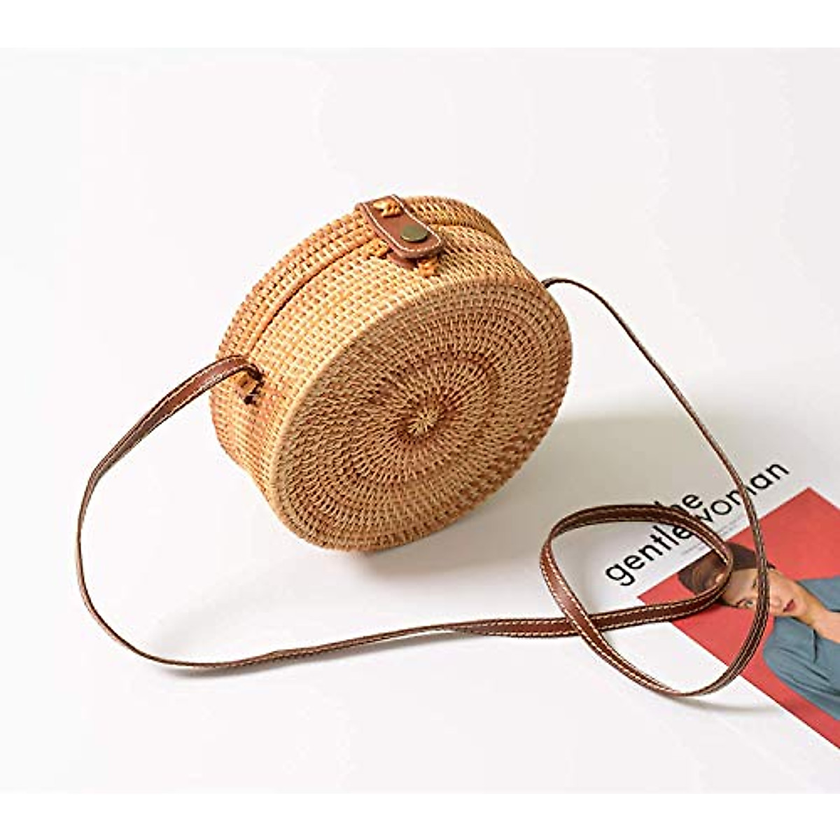 Rattan Bags for Women, Xmeng Straw Round Bali Ata Handbags Woven Circle Crossbody Wicker Purse Adjustable Strap Boho Bag