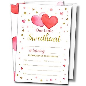 Buildinest Sweetheart Birthday Party Invitations with Envelopes (20-Pack), 4"x6" Pink Red Watercolor Hearts Birthday Invitation Cards, Fill-in Style Party Invites-B12