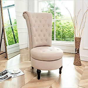 Container Furniture Direct Royal High-Back Velvet Accent Chair for Vanity with Storage and Luxurious Upholstery, Retro Design and Versatile Usage for Living Room, Bedroom, Lounge and Office, Ivory