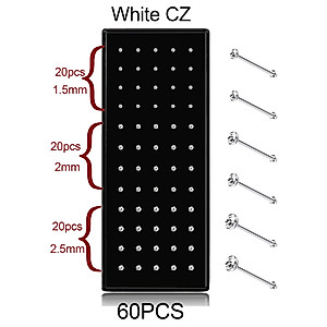 THUNARAZ 60pcs Stainless Steel Nose Studs Rings Piercing Pin Body Jewelry 22G 1.5mm 2mm 2.5mm White