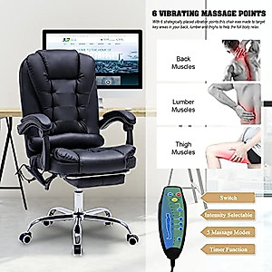 ONPNO Reclining Office Chair with Massage, Ergonomic w/Foot Rest, PU Leather Executive Computer w/Heated, Padded Armrest, High Back Swivel Recliner for Home Study (Black)