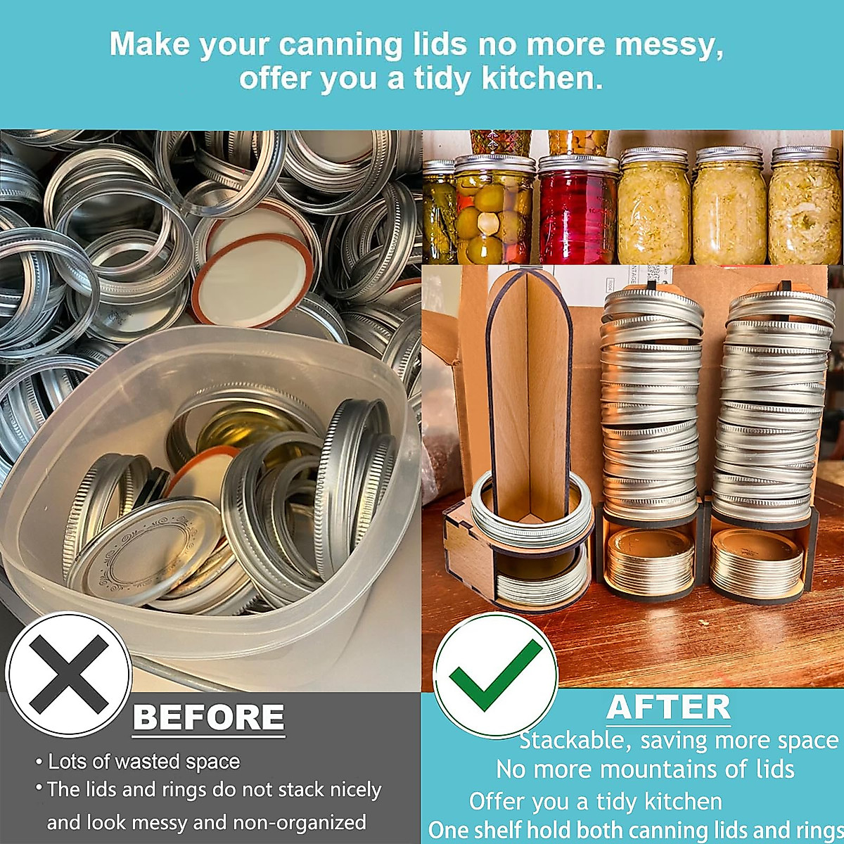 Mason Jar Lid Organizer, Wood Mason Jar Lid Storage, Canning Lid Rack Holder for Storing Mason Jar Lids and Rings, Mason Jar Accessory for Space Saving Kitchen - Fit for Regular & Wide Mouth