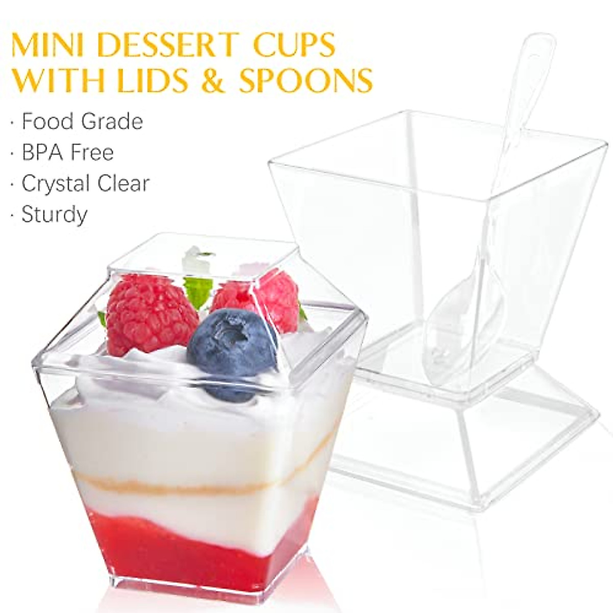 Qeirudu 50 Pack 3.5 oz Mini Dessert Cups with Lids and Spoons - Parfait Cups with Lids Plastic Square Shooter Cups for Party Appetizers Pudding Mousse Triffle