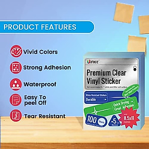 Uinkit 105Sheets Premium Clear Vinyl Sticker Paper for Inkjet Printer - Include 100 Sheets Clear and 5Sheets Glossy Label Waterproof, Dries Quickly Vivid Colors, Holds Ink Well