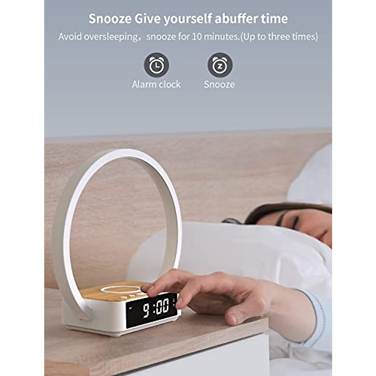 Amouhom Table Lamp, 18W Touch Lamp Alarm Clock with Wireless Charging Wake-Up Light, Digital Sonic 10W Max Qi Charger Nightstand Reading Lamps for Bedside, Reading, Home, Office