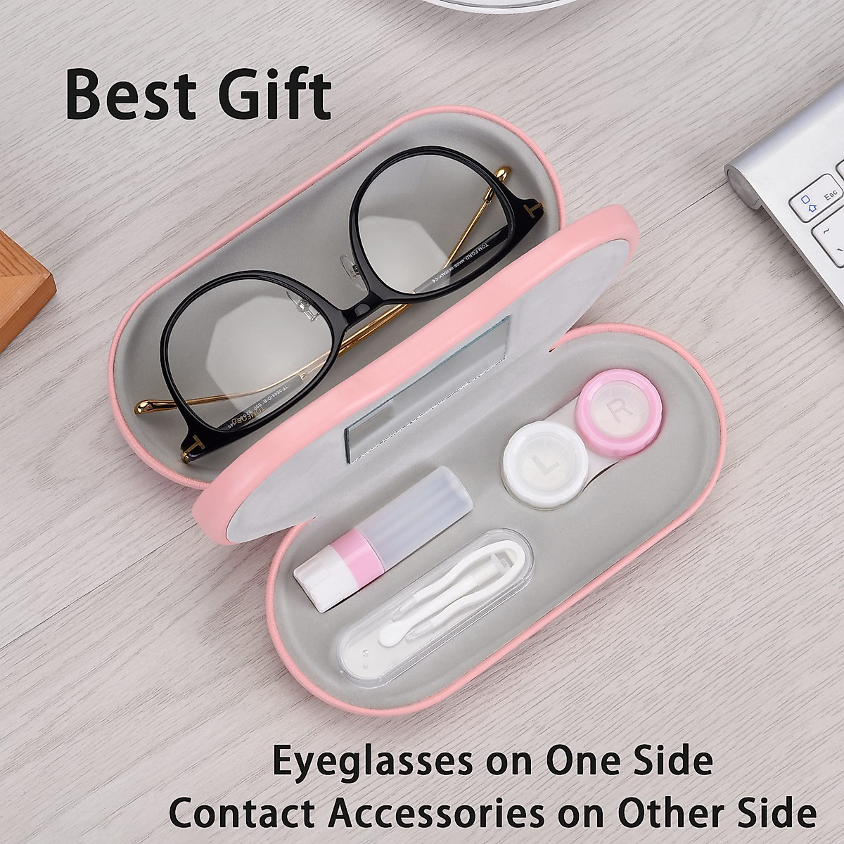 Muf 2 in 1 Contact Lens Case and Glasses Case,Double Sided Dual Use Design,Leak Proof & Portable,Tweezer and Contact Lens Solution Bottle Included for Travel Kit(Pink)