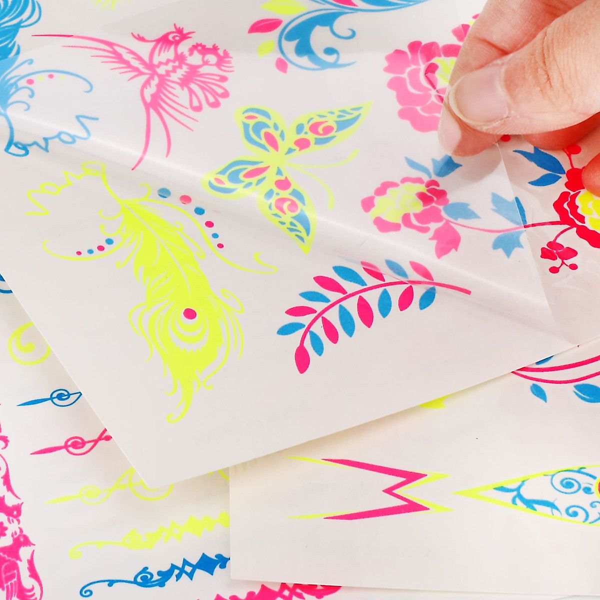 HOWAF 9 Large Sheets Neon Glow in The Dark Temporary Tattoos,100+ Assorted Designs Glow UV Neon Body Face Flowers Butterfly Flash Fake Waterproof Tattoo Stickers for Women Men Girls Body Art