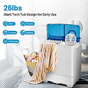 Giantex Washing Machine Semi-automatic, Twin Tub Washer with Spin Dryer, 26lbs Capacity, Built-in Drain Pump, Portable Laundry Washer, Compact Washing Machine for Apartment, Dorm and RV (White+Blue)