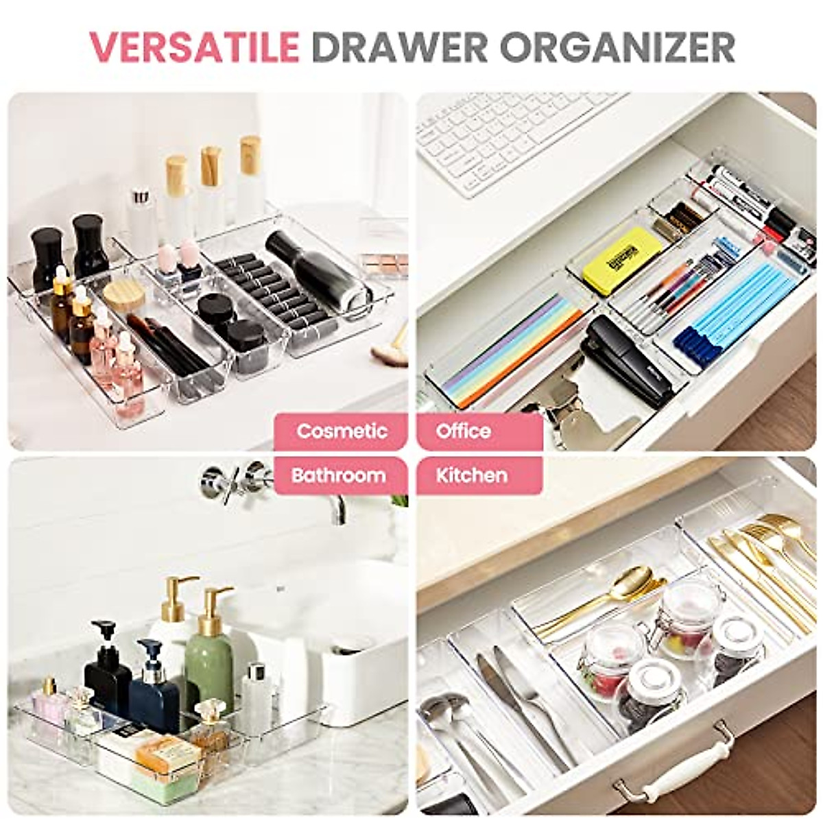 HOUSE DAY Makeup Drawer Organizer Trays 17 PCS, 4-Size Clear Drawer Organizers with Silicone Pads, Vanity Organizers and Storage, Non Slip Plastic Drawer Organizer for Desk, Bathroom, Kitchen, Office
