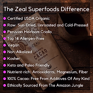 Zeal Superfoods Organic Cacao Powder - Raw, Heirloom Criollo, Top 8 Allergen-Free, Cold-Pressed, Unsweetened, Non-Alkalized, Vegan, Gluten-Free, Keto, Paleo, Kosher, Nutrient-Rich Superfood - Cocoa Powder Substitute - 16 oz (1 lb)