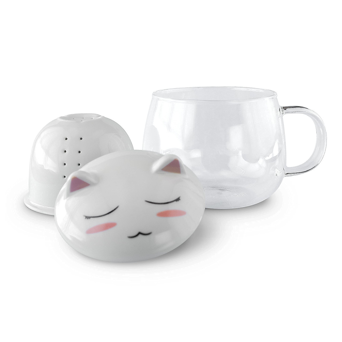 Cute Cat Creations, Crazy Cat LadyLovers Glass 300ml10oz Tea Cup with Tail Handle & Kitty Kat Ears Ceramic Lid, Kawaii Teacup with Ceramic Tea Leaf InfuserSteeperStrainer