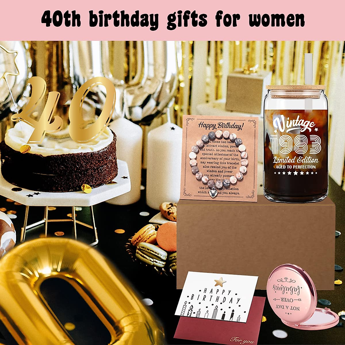 41st Birthday Gifts Set for Men Women, 41st Birthday Gift for Friend Sister Coworker Dad Mom, Happy 41 Years Old Birthday Party Decorations, 1983 Glass Cup with Bamboo Lids and Straw