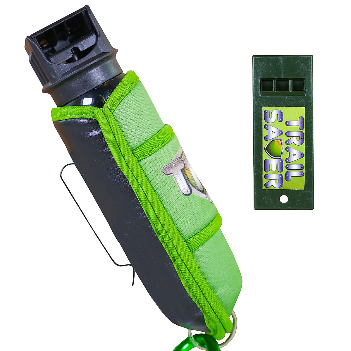 Trail Saver Pepper Spray for Hiking, Camping & Frontiersman - Police Grade Strength - Safety Package w/Compass, LED Light, Safety Whistle, Carabiner & Heavy Duty Metal Belt Clip (Green)