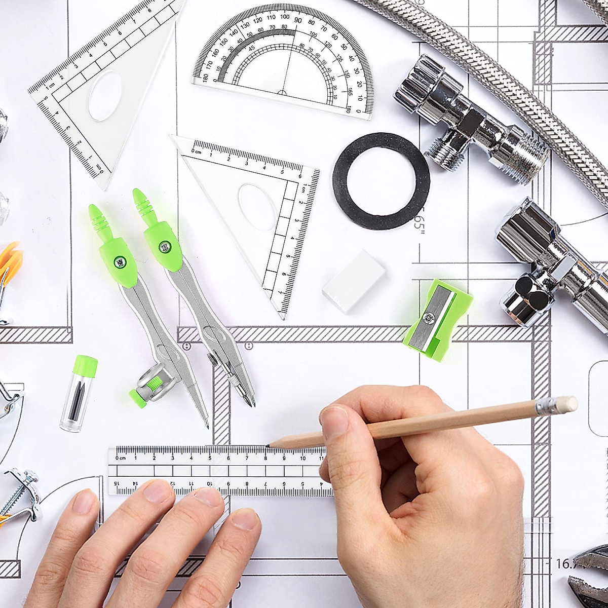 Coopay 4 Sets Math Geometry Kit, 10 Pieces Student Supplies Per Set Includes Ruler, Triangles, Protractor, Compass, Eraser, Pencil Sharpener, Lead Refills, Pencil, for Drafting and Drawings