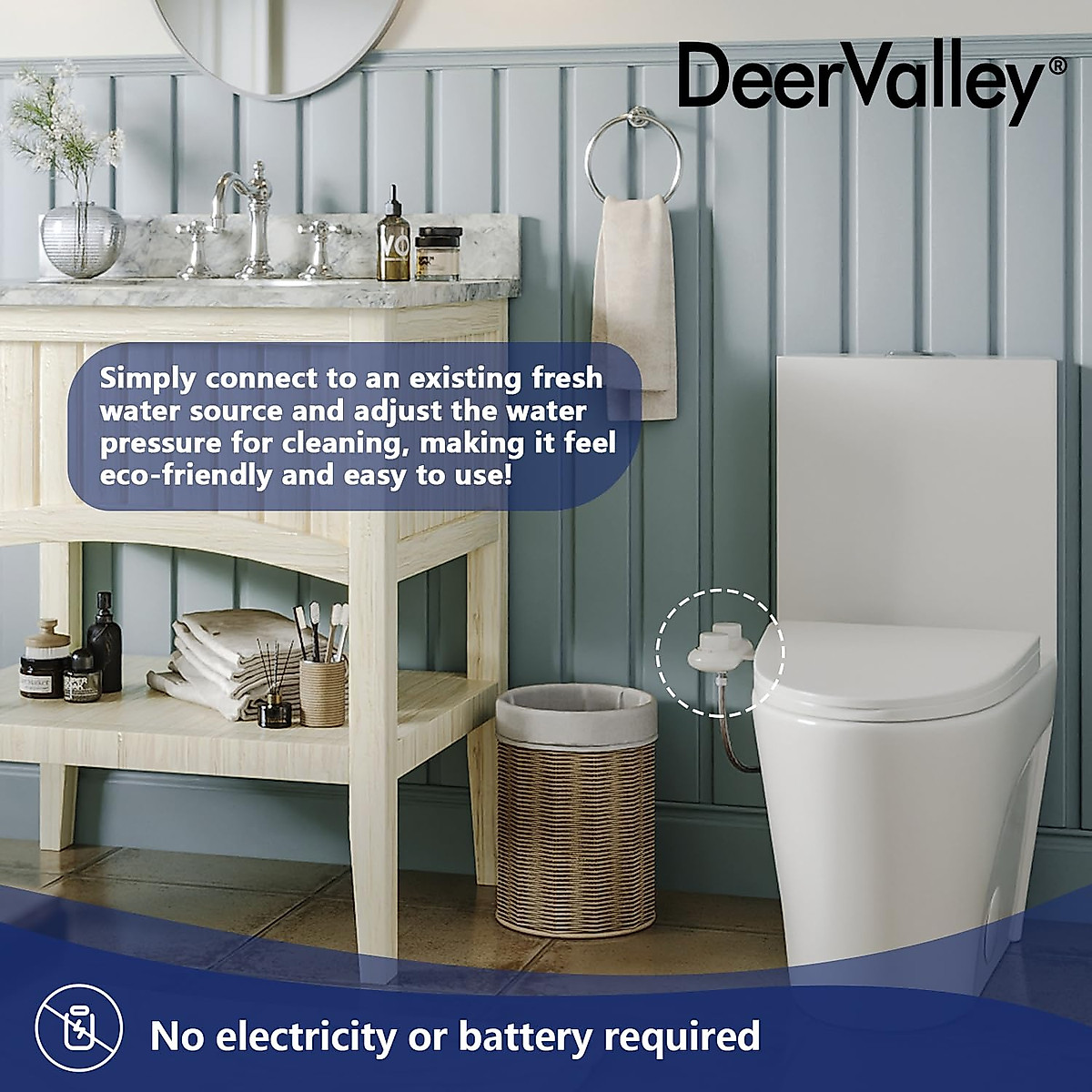 DeerValley DV-1B0095 Non-Electric Toilet Bidet Attachment System with Dual Nozzles,Adjustable Water Pressure, Rear and Feminine Wash,White